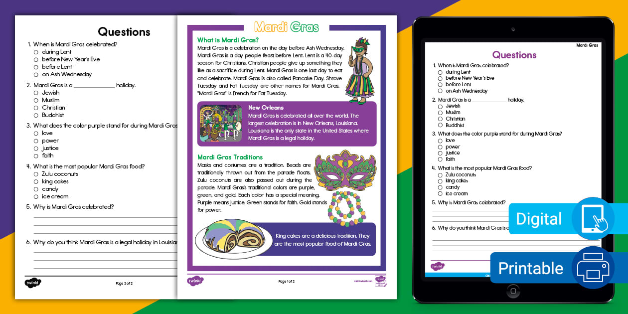 Second Grade Mardi Gras Reading Comprehension Worksheet