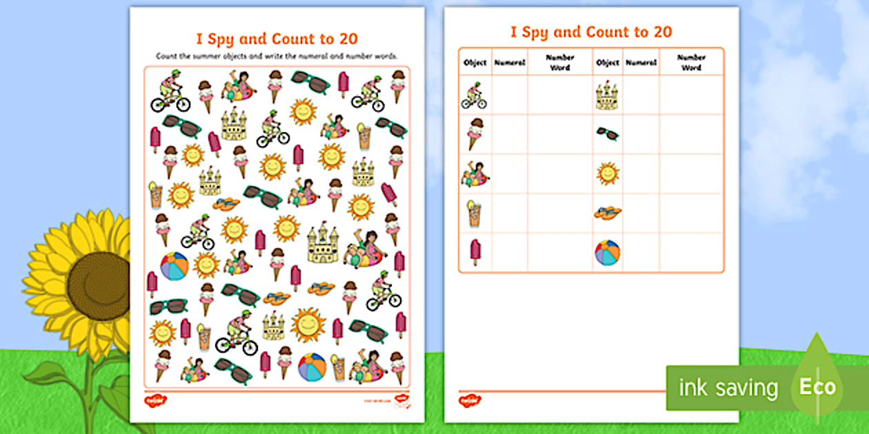 Editable Summer-Themed I Spy and Count to 20 Worksheet