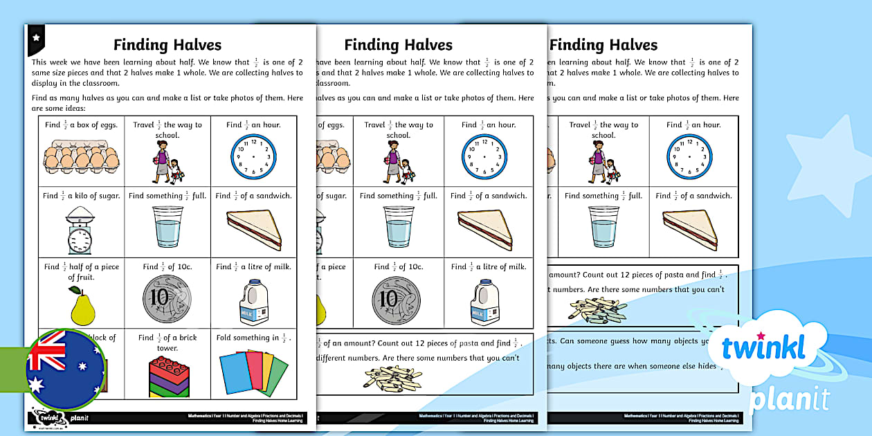 Year 1 Fractions and Decimals Finding Halves Home Learning Tasks