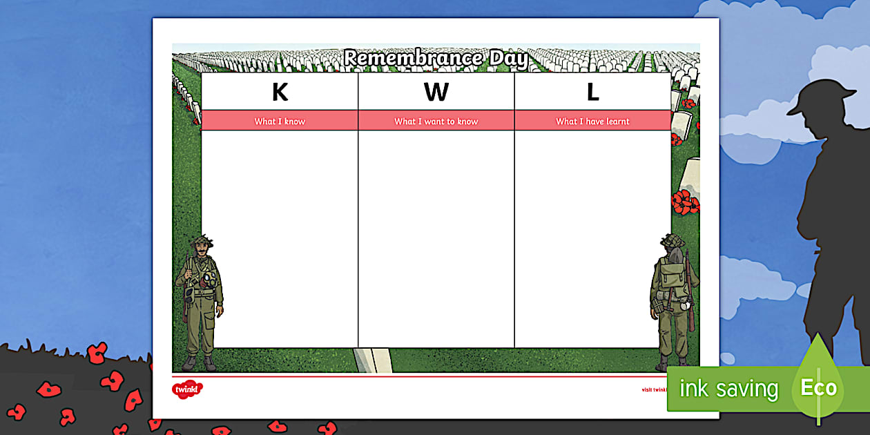 Black and White Remembrance Day KWL Grid (teacher made)