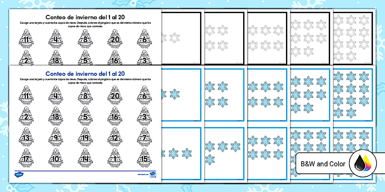 Empareja y colorea: Conteo de invierno del 1 al 20 - Twinkl