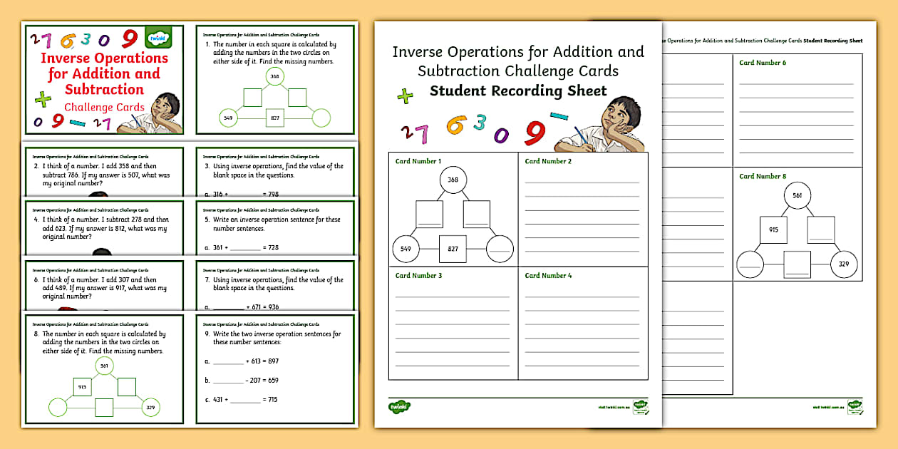 Inverse Operations for Addition & Subtraction Challenge Cards