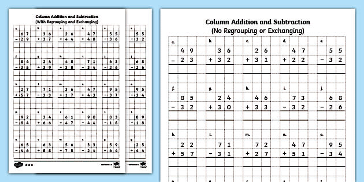 2-Digit Column Addition and Subtraction Worksheet - Twinkl