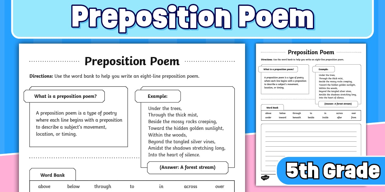 Fifth Grade Preposition Poem Worksheet