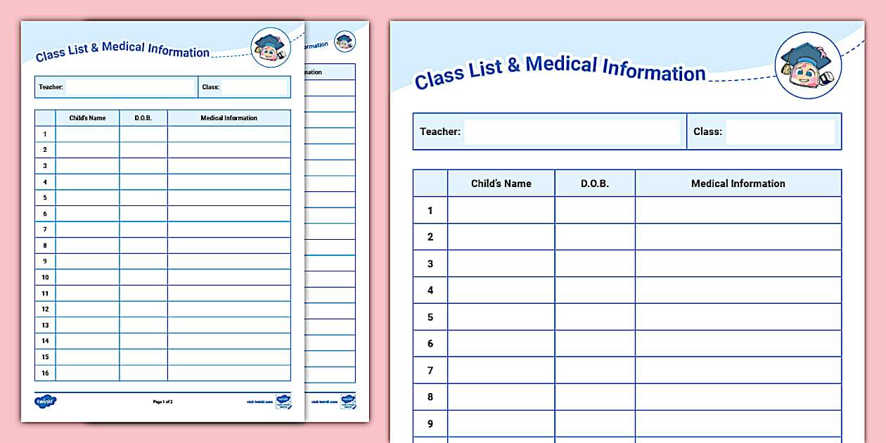 My Teaching File: Class List & Medical Info (teacher made)