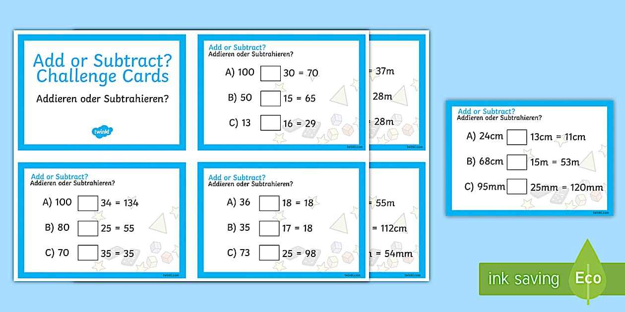 Addition and Subtraction Maths Challenge Cards English/German