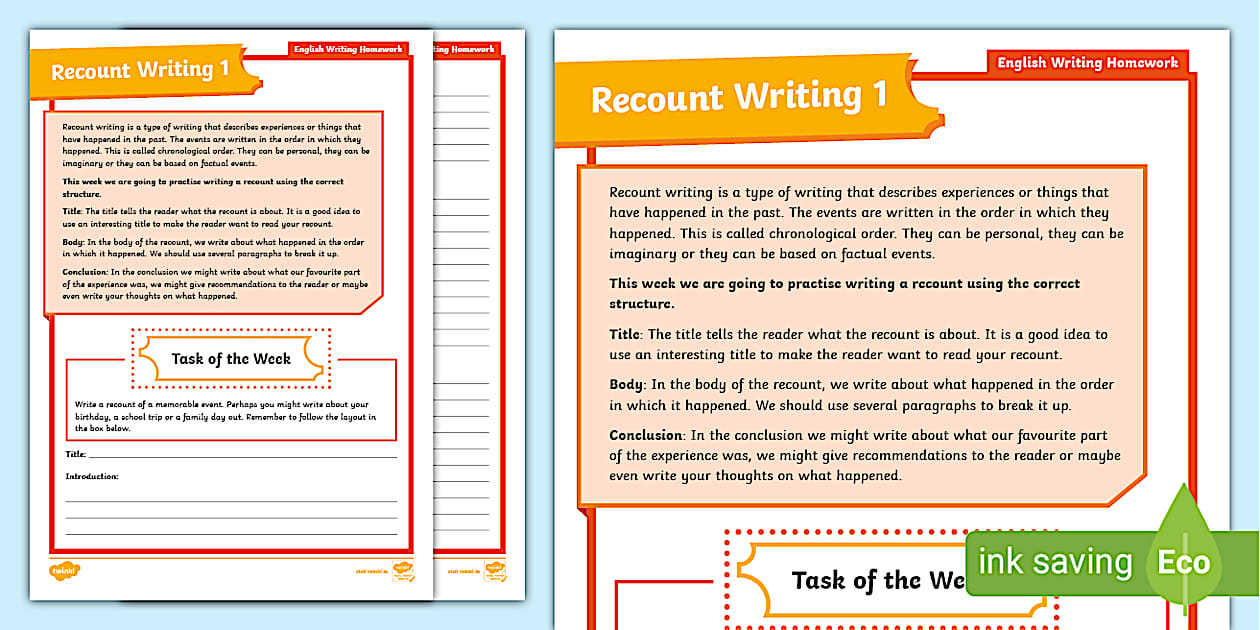 Writing Homework Recount 1 3rd/4th Class (teacher made)