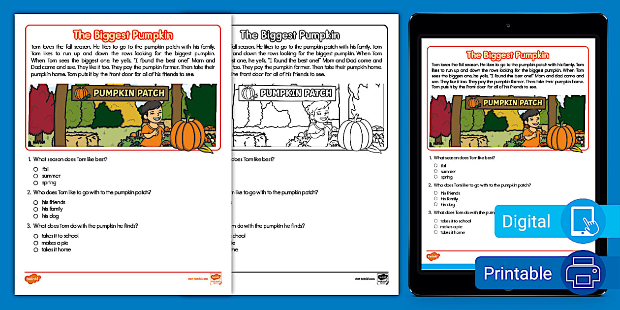 First Grade Biggest Pumpkin Reading Comprehension Worksheet