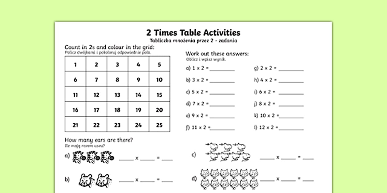 2 Times Table Worksheet / Worksheet English English/Polish