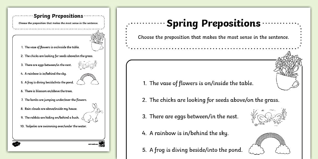 Spring Choose the Prepositions Worksheet - KS1 - Twinkl