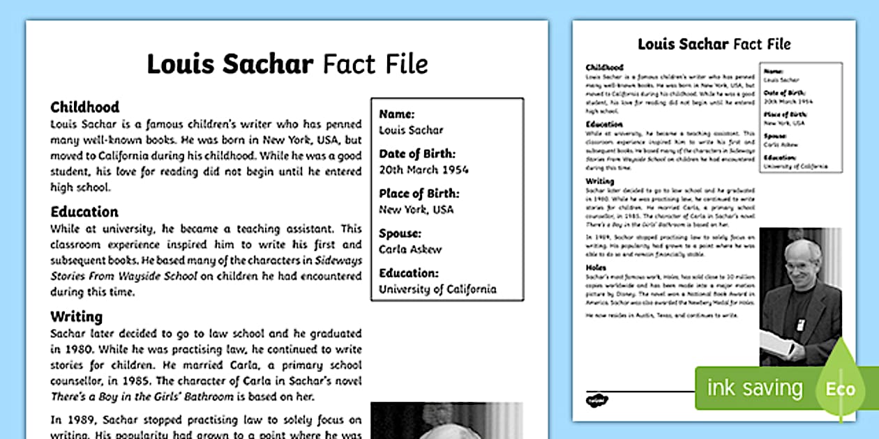 Louis Sachar Fact File (teacher made) - Twinkl