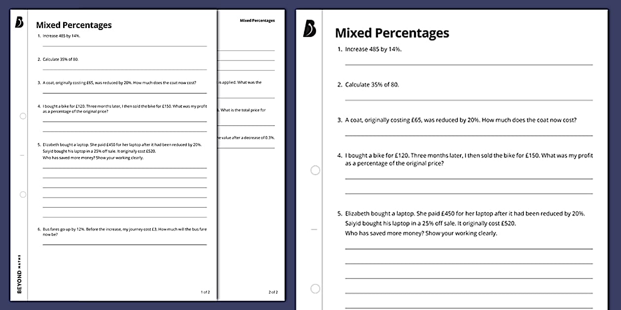 Mixed Percentages Worksheet | KS3 Maths | Beyond - Twinkl