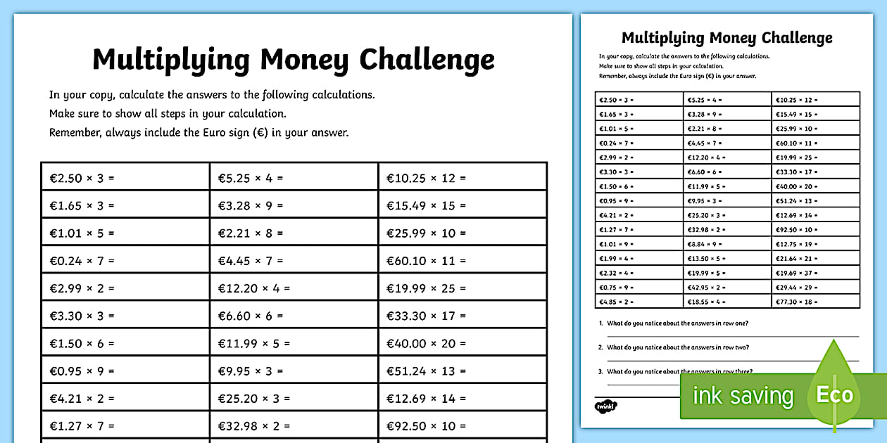 Multiplying Money Challenge Worksheet (teacher made)