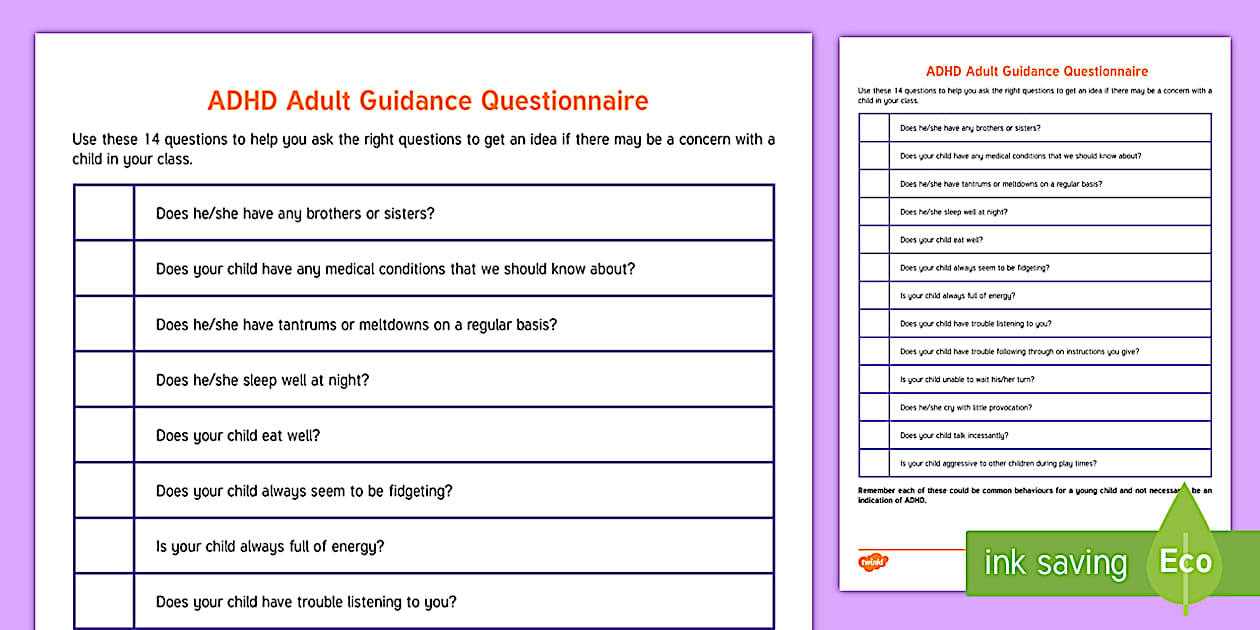 Adult ADHD Questionnaire Guidance | SPED | Teacher Toolkit