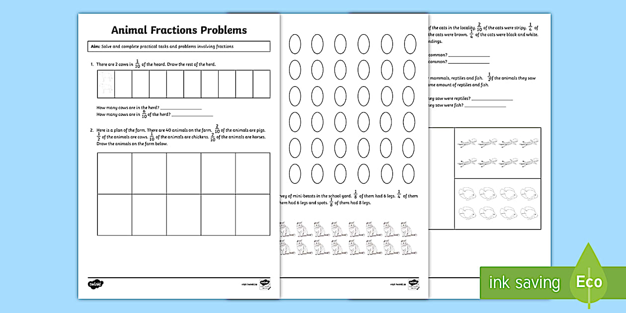 Animal-Themed Fraction Problems Worksheet - Twinkl