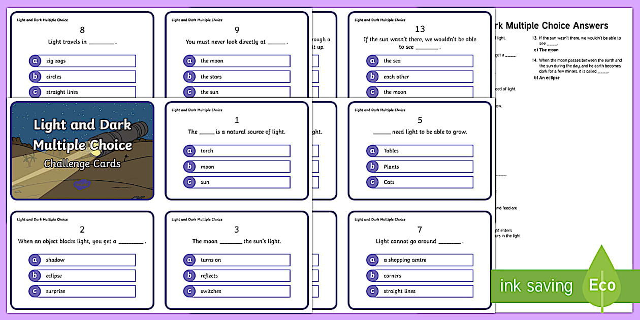 Light and Dark Multiple Choice Quiz Cards - Twinkl