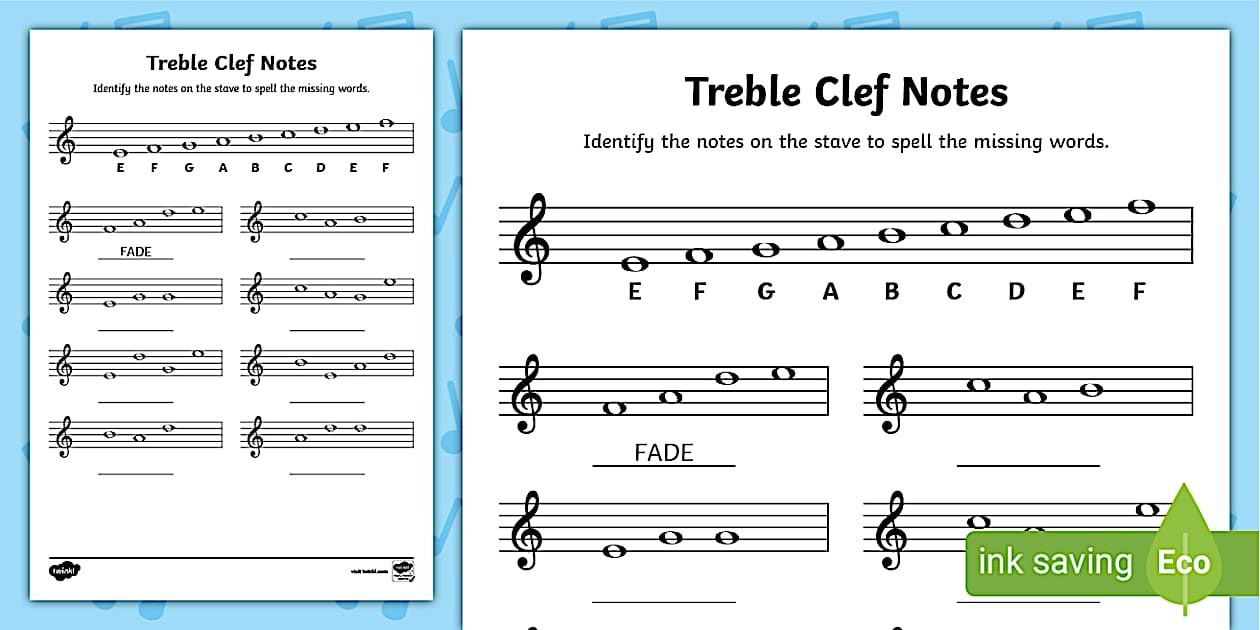👉 Treble Clef Notes Worksheet (Hecho por educadores)