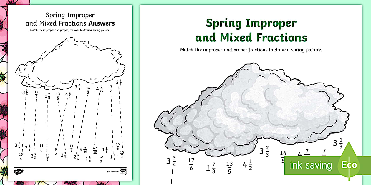 Spring-Themed Matching Improper and Mixed Fractions Worksheet