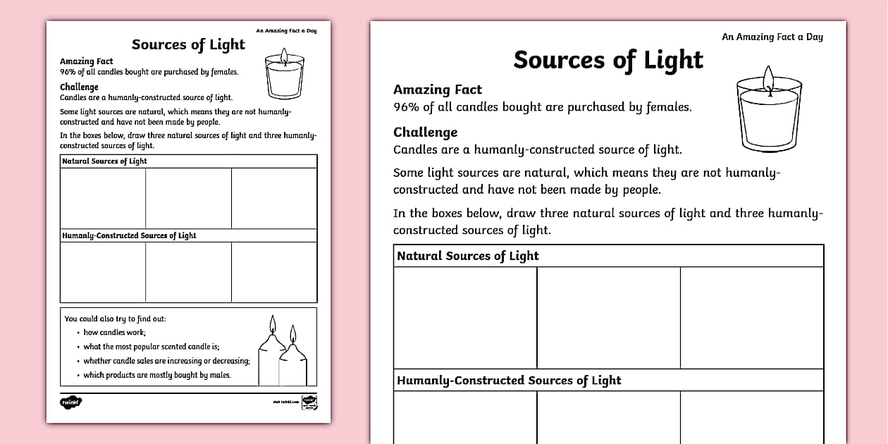 Sources of Light Worksheet (teacher made) - Twinkl