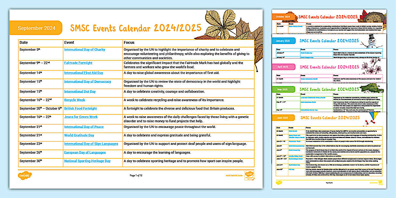 SMSC Calendar 2024/2025 (teacher made) - Twinkl