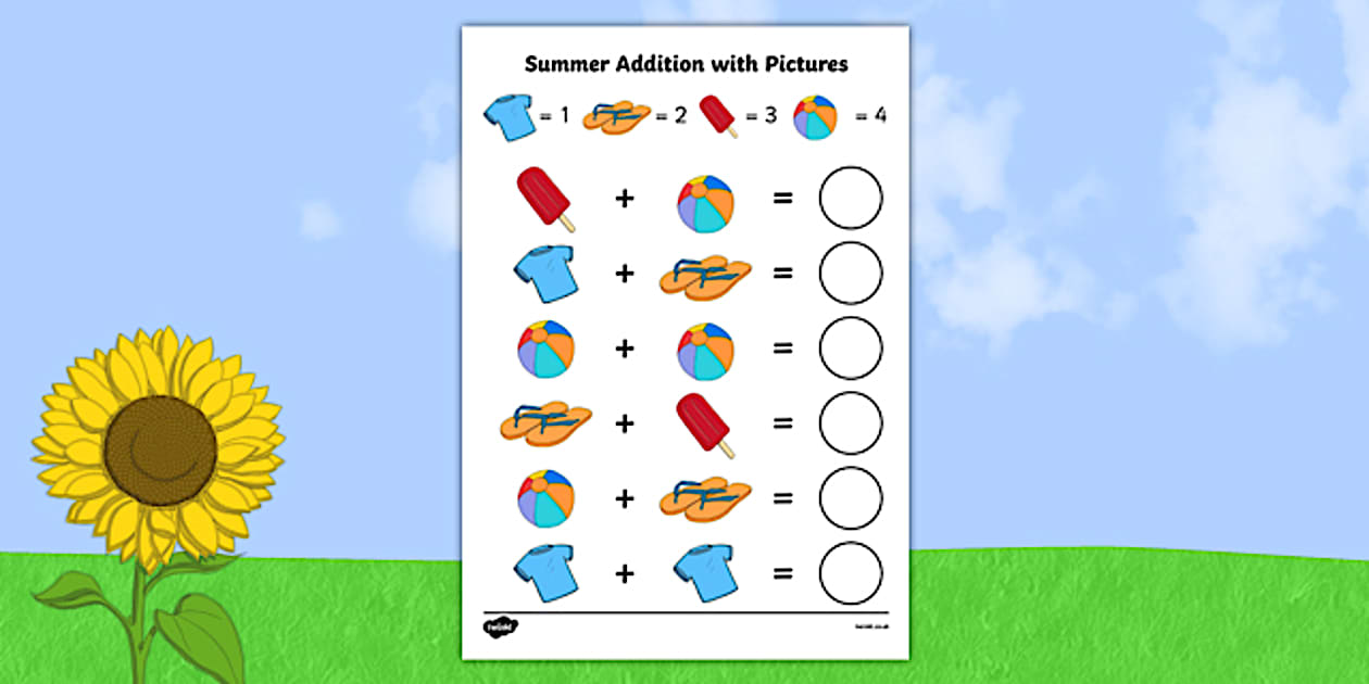 Black and White Summer Themed Addition with Pictures Worksheet Pack