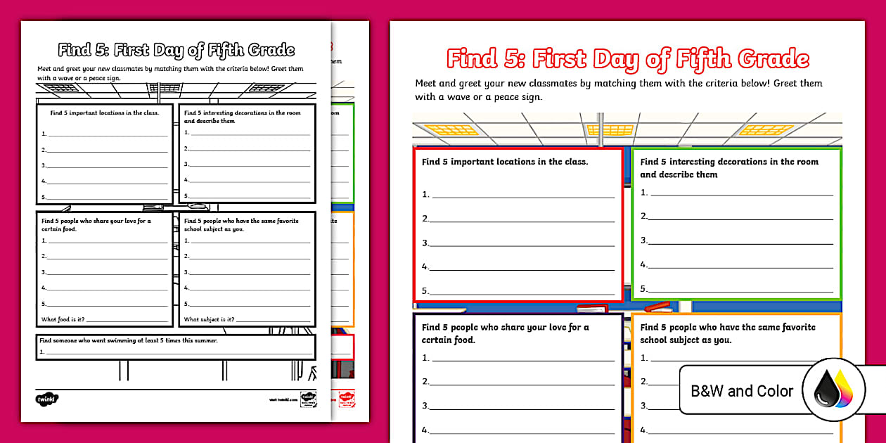 Find 5: First Day of Fifth Grade Worksheet