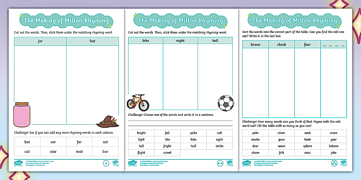 ‘The Making of Milton’ Rhyming Words Activity Sheets