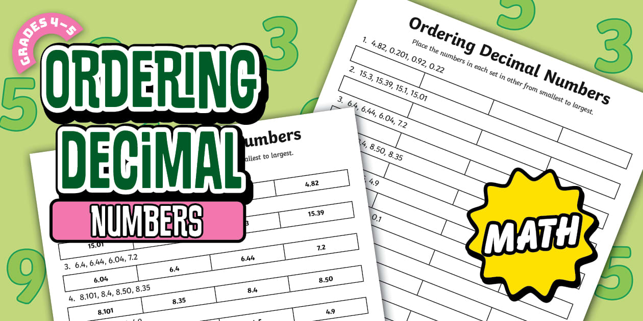Ordering Decimal Numbers Worksheet for 4th-5th Grade