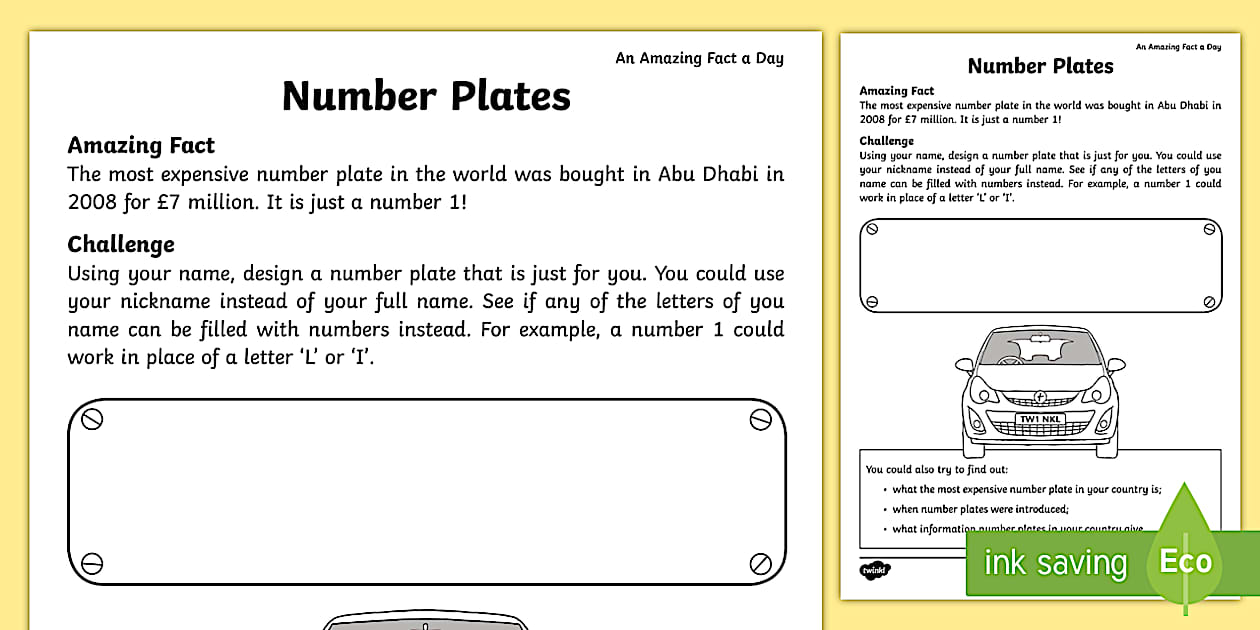 Personalized Number Plate Worksheet / Worksheet - Twinkl