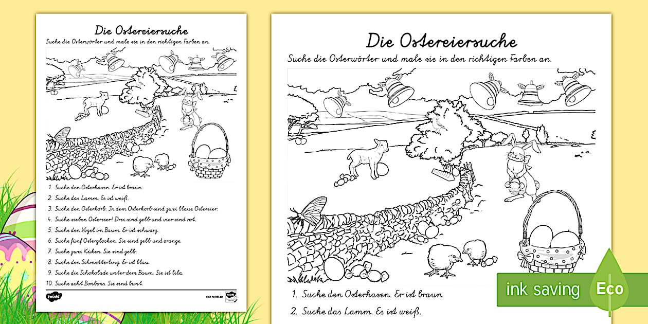 Suchbilder zu Ostern: Lesen und Malen – Arbeitsblatt