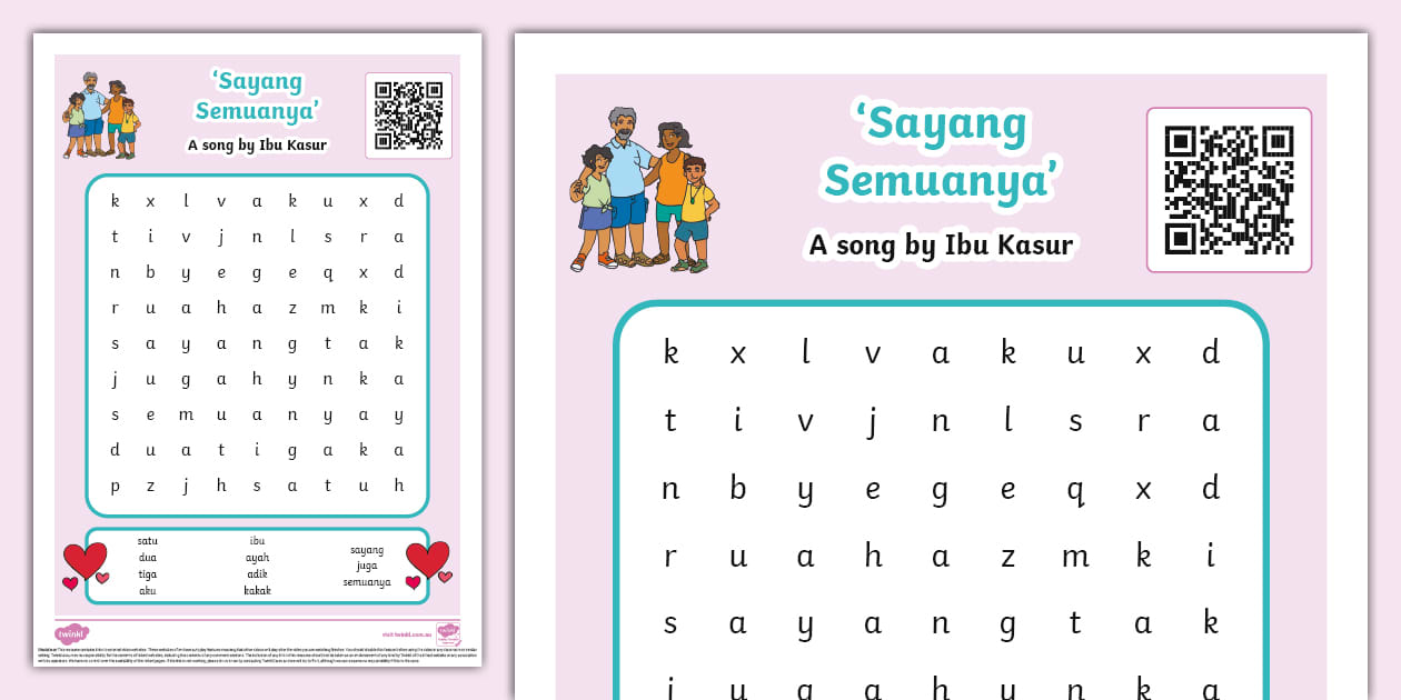 Aku Sayang Ibu Song Word Search Indonesian (Teacher-Made)