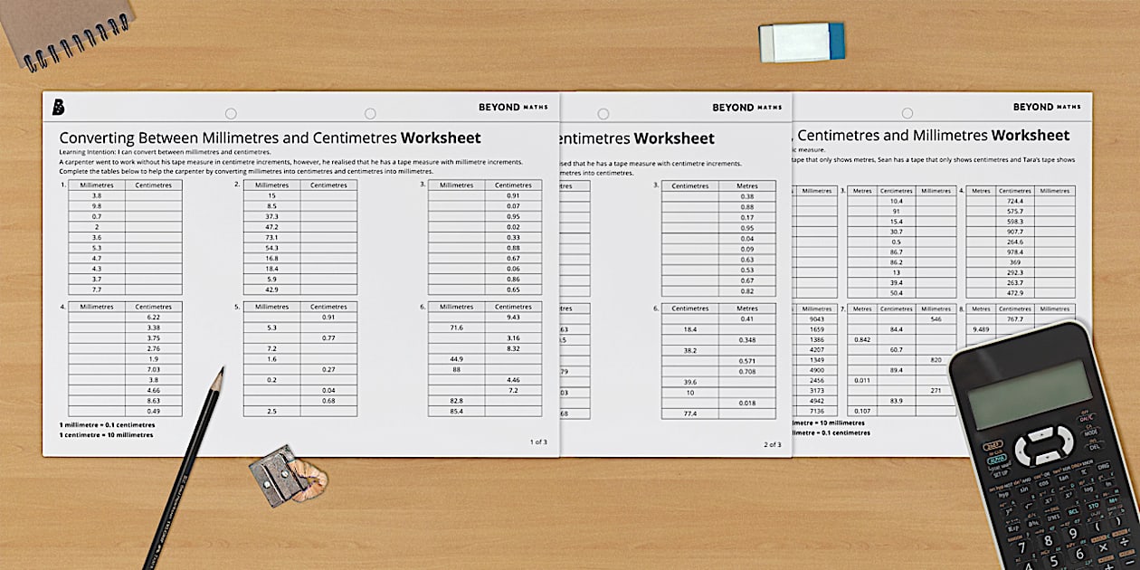 Converting between Metres, Centimetres and Millimetres Worksheet