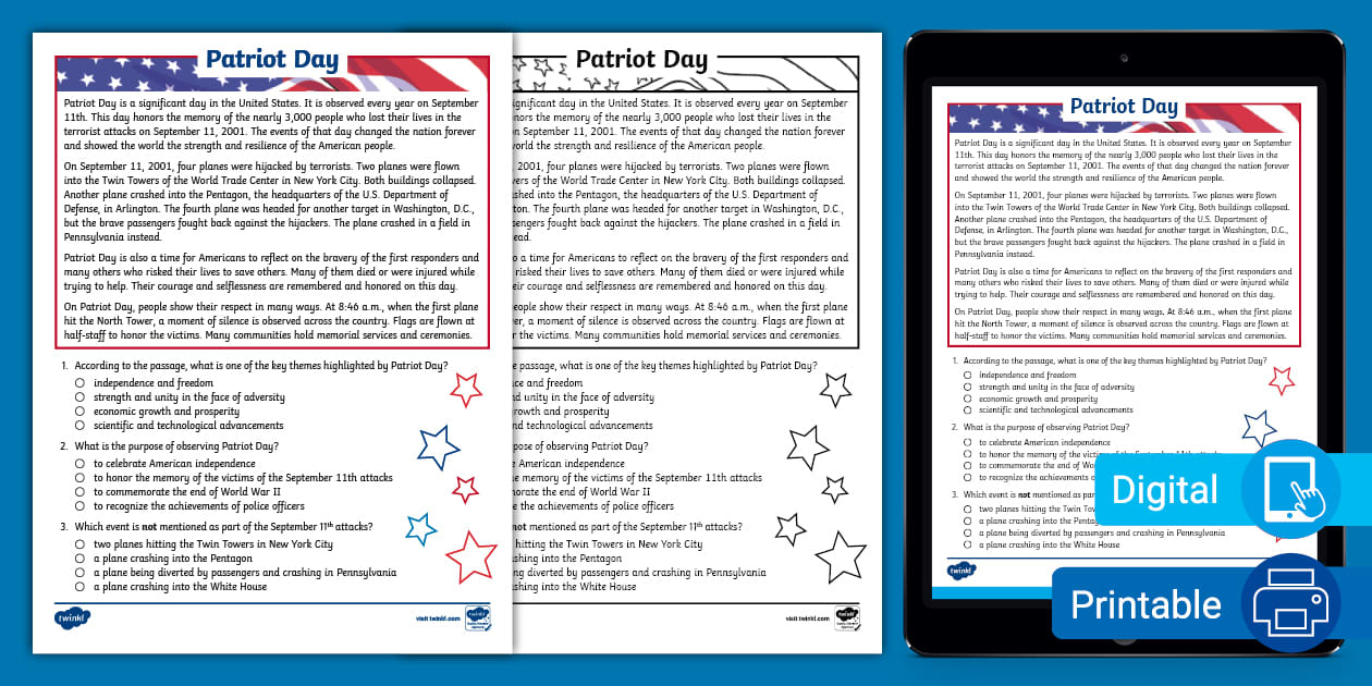 Seventh Grade Reading Questions on Patriot Day | Twinkl USA