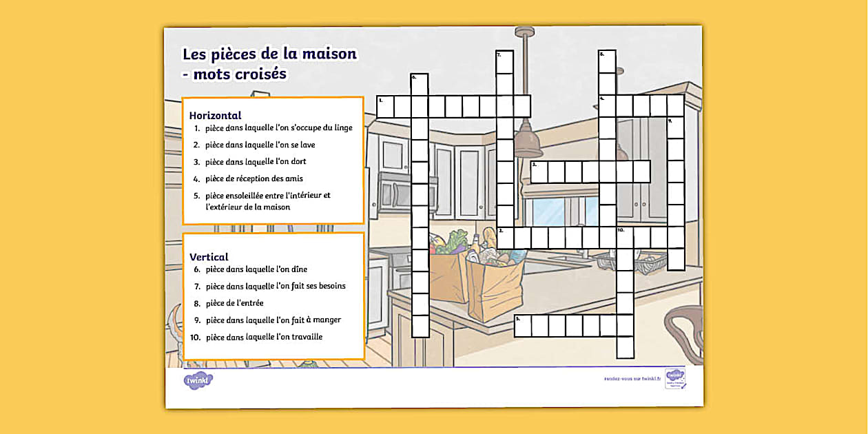 Les pièces de la maison - mots croisés - Twinkl