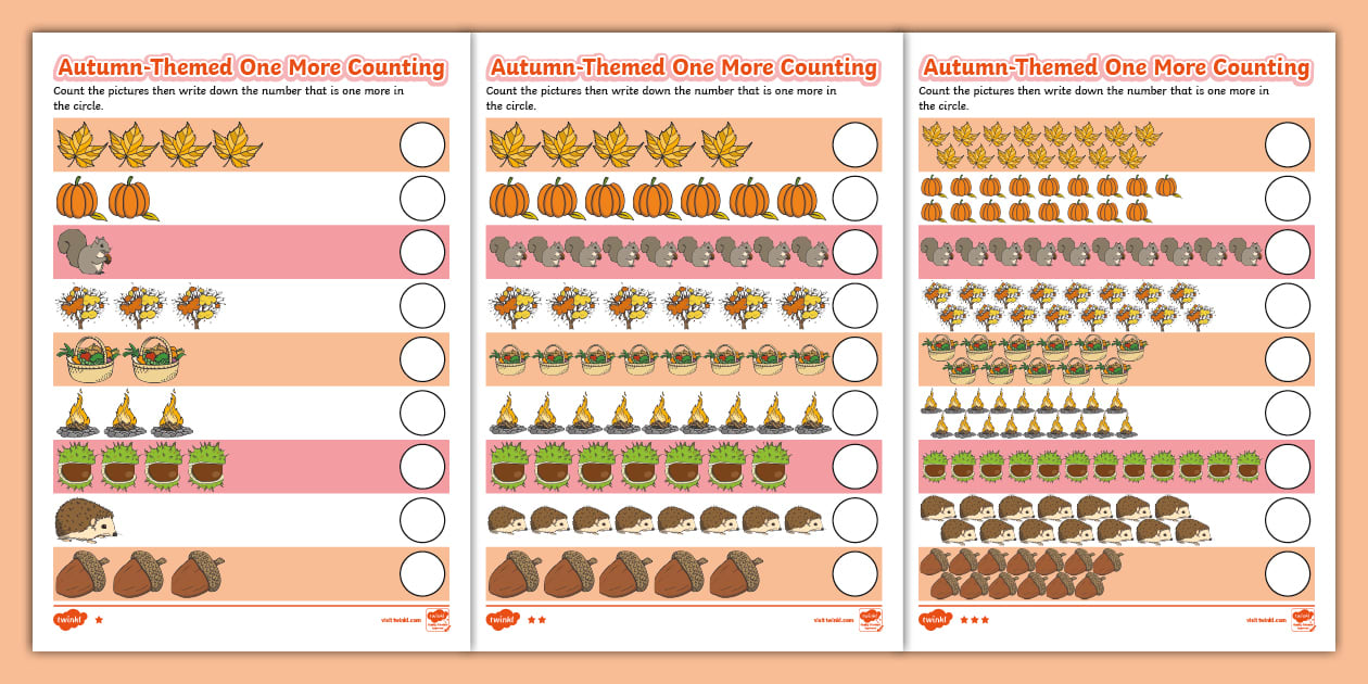 👉 Autumn-Themed One More Counting Worksheet - Twinkl