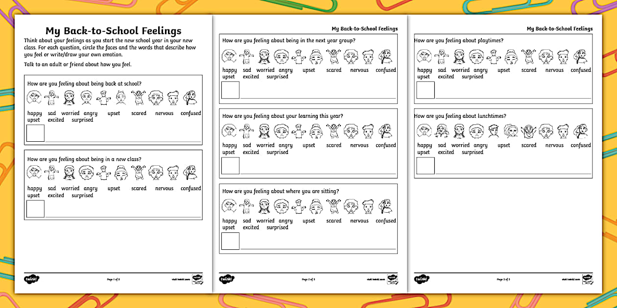 My Back-to-School Feelings Activity Sheet - Twinkl