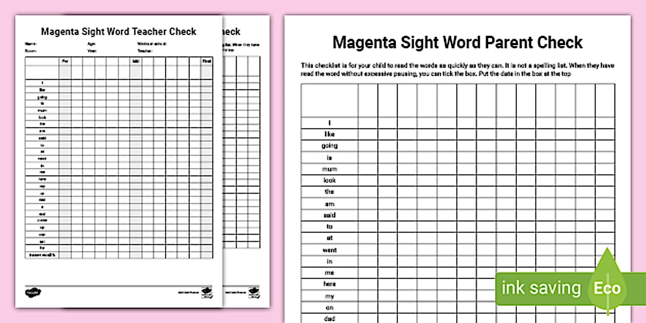 Magenta Reading Sight Words Checklist (Teacher-Made)