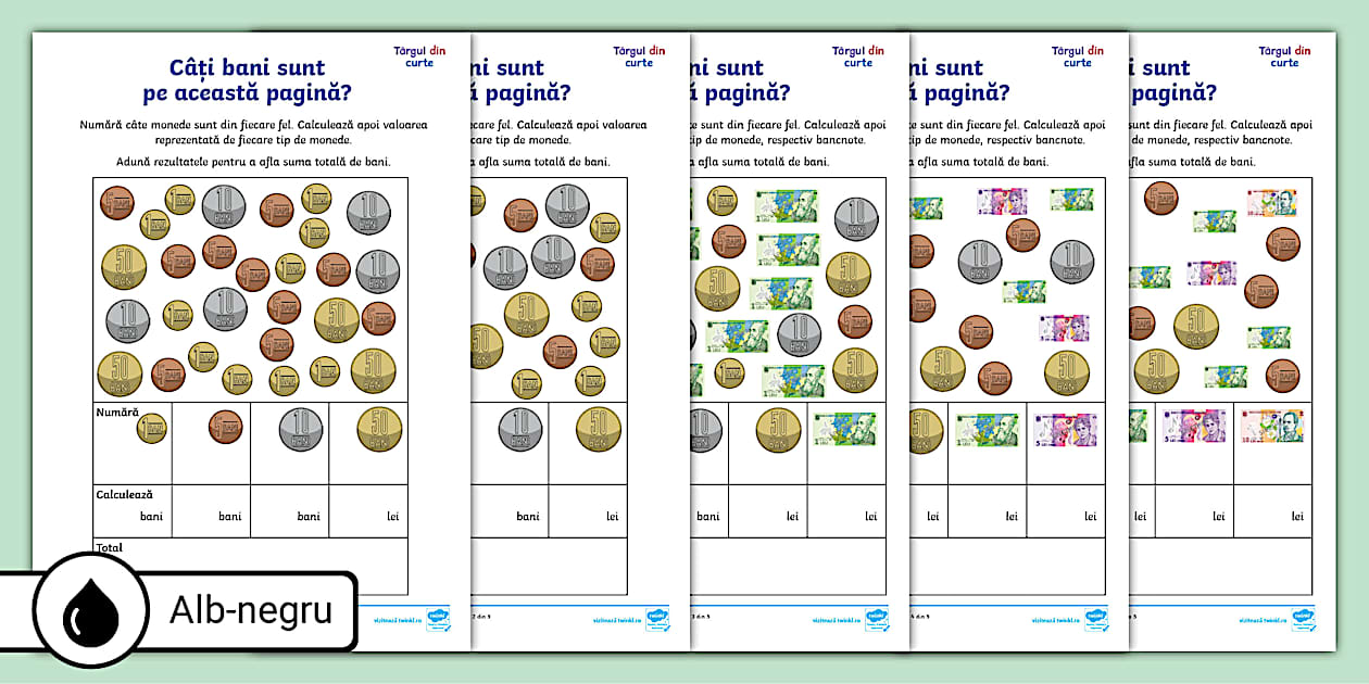 Târgul din curte: Numără banii și calculează – Fișe de lucru