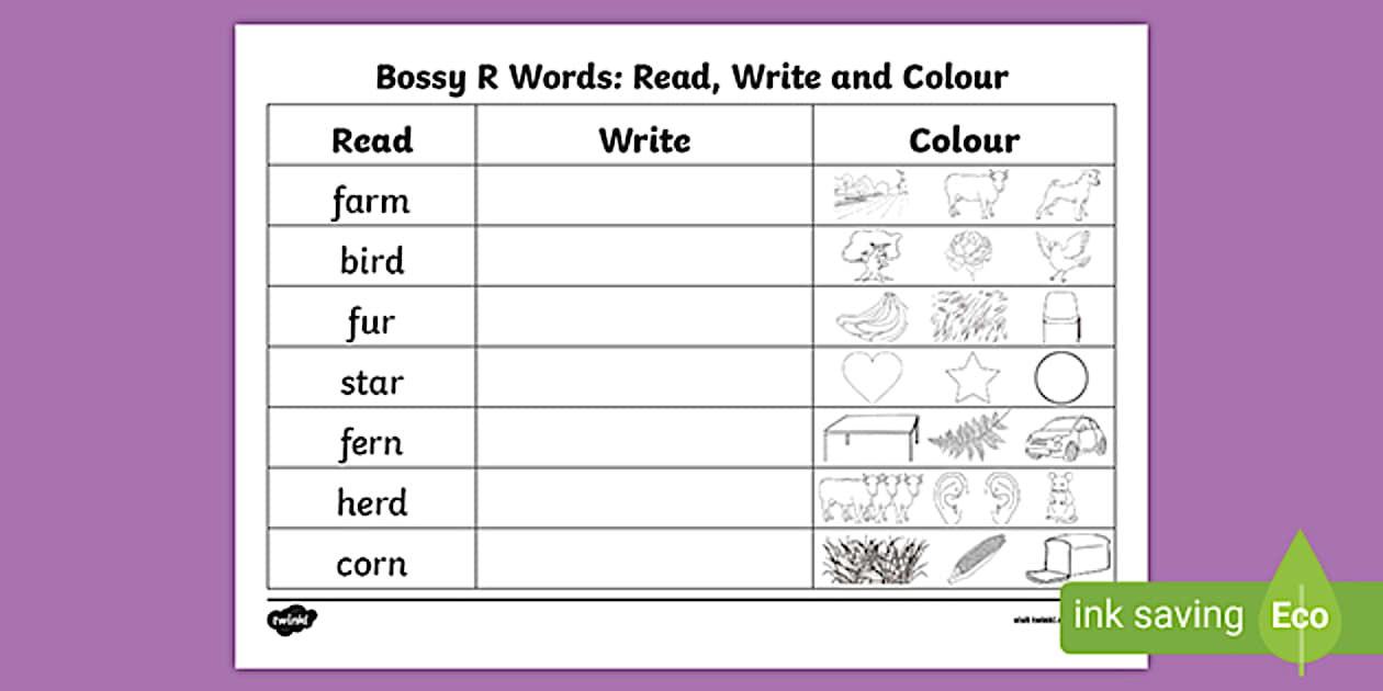 Bossy R Words Read Write and Colour Worksheet - - Twinkl