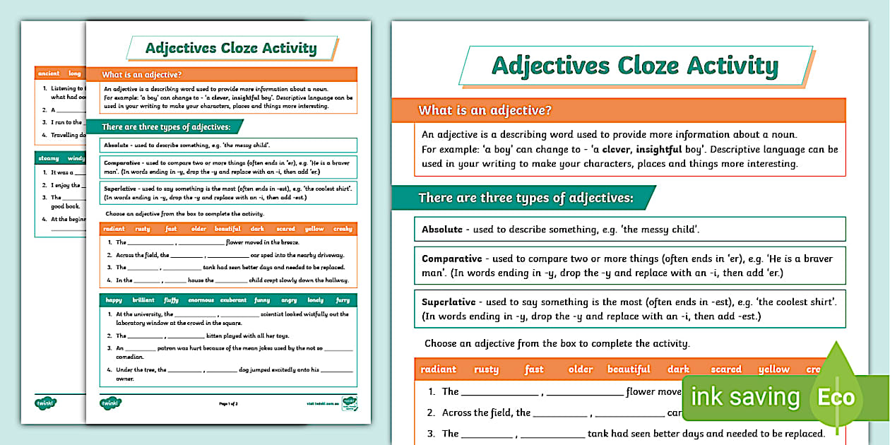 Adjective Cloze Passage Worksheets | Twinkl