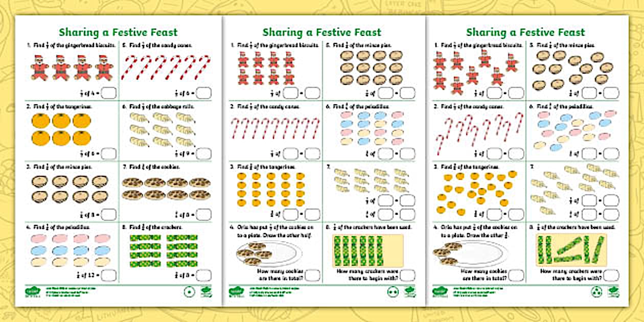👉 Sharing a Festive Feast: Year 2 Fractions Differentiated Worksheet
