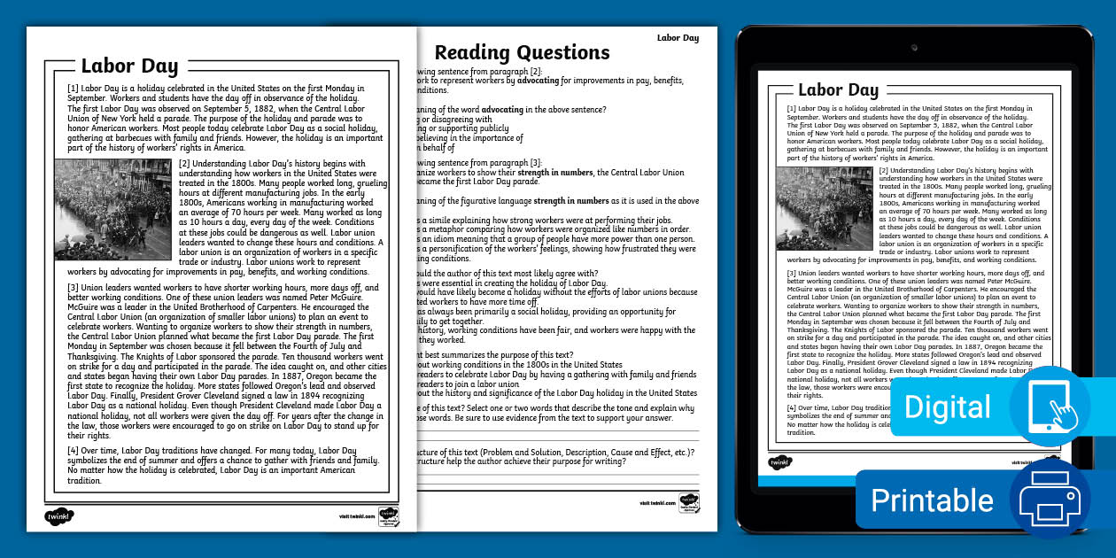 Sixth Grade Labor Day Comprehension Craft & Structure Act.