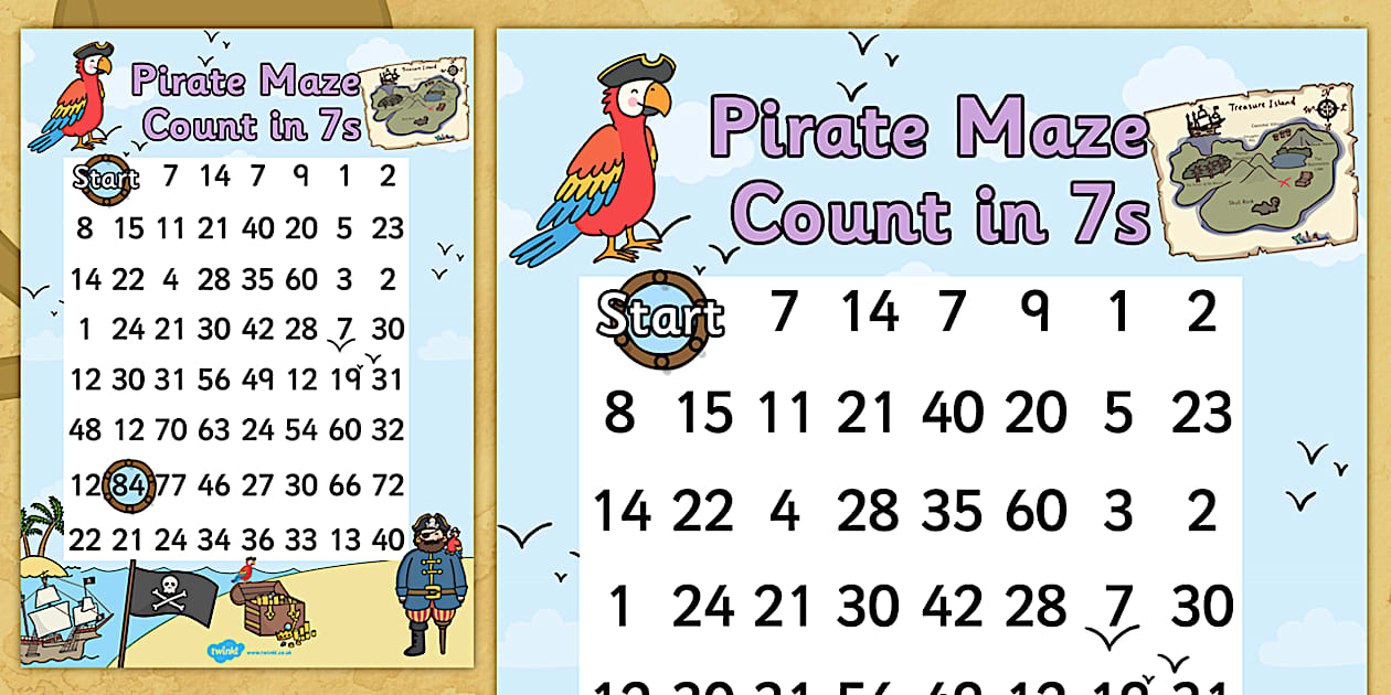 Black and White Pirate Themed Counting in 7s Maze Worksheet