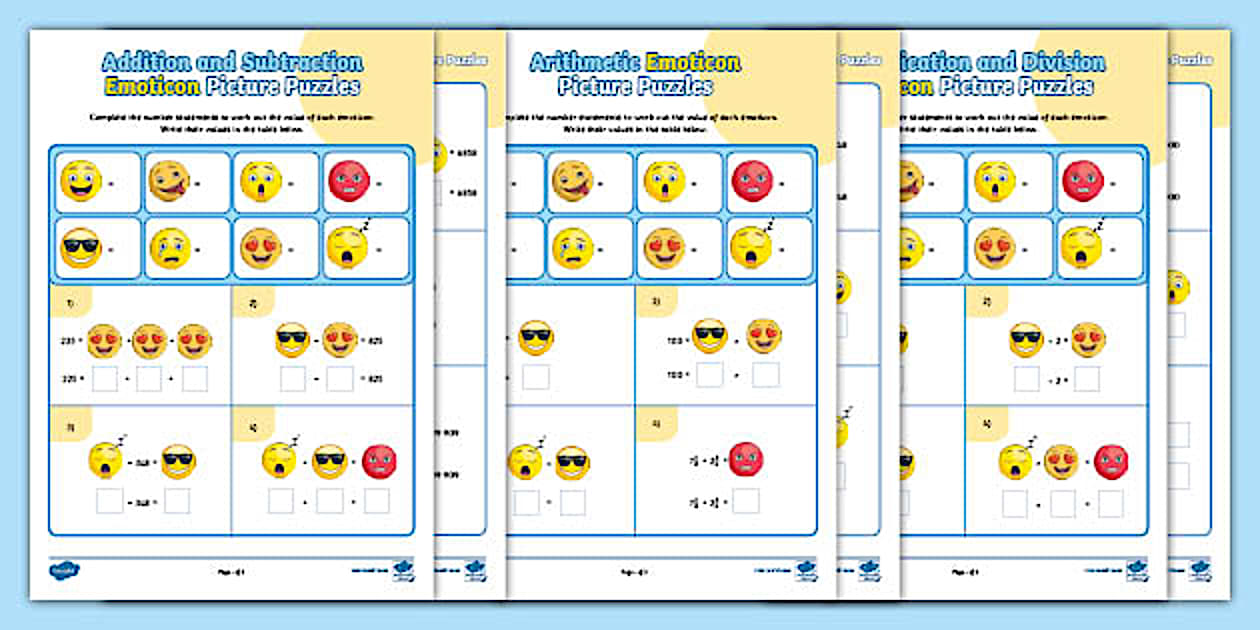 👉 😊 Emoji Maths Puzzles | Picture Puzzle Activity Sheets | UKS2