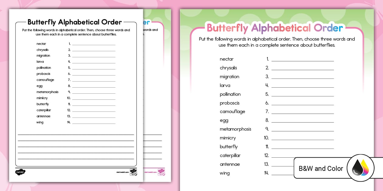 Butterfly Alphabetical Order Worksheet for K-2nd Grade