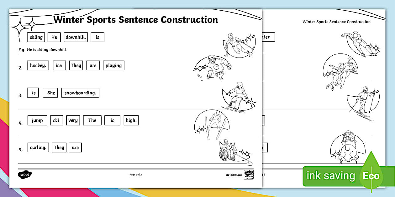 Winter Sports Sentence Construction Worksheet (teacher made)