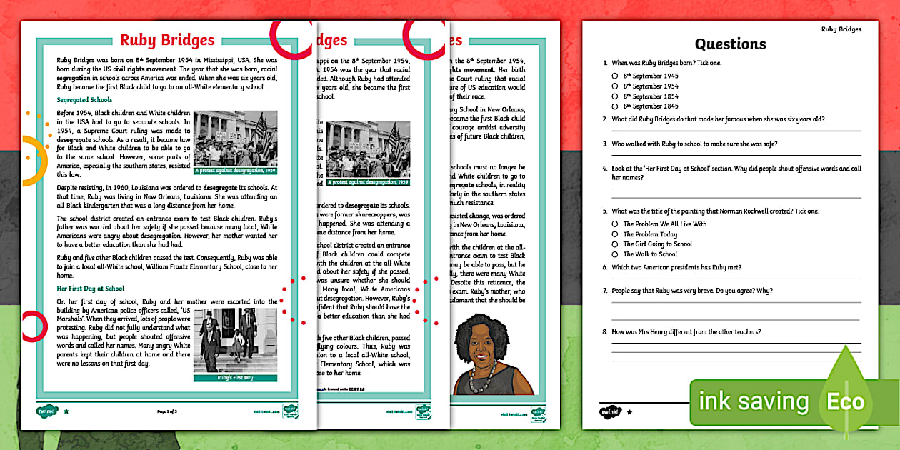 Higher Ability UKS2 Ruby Bridges Differentiated Reading Comprehension ...