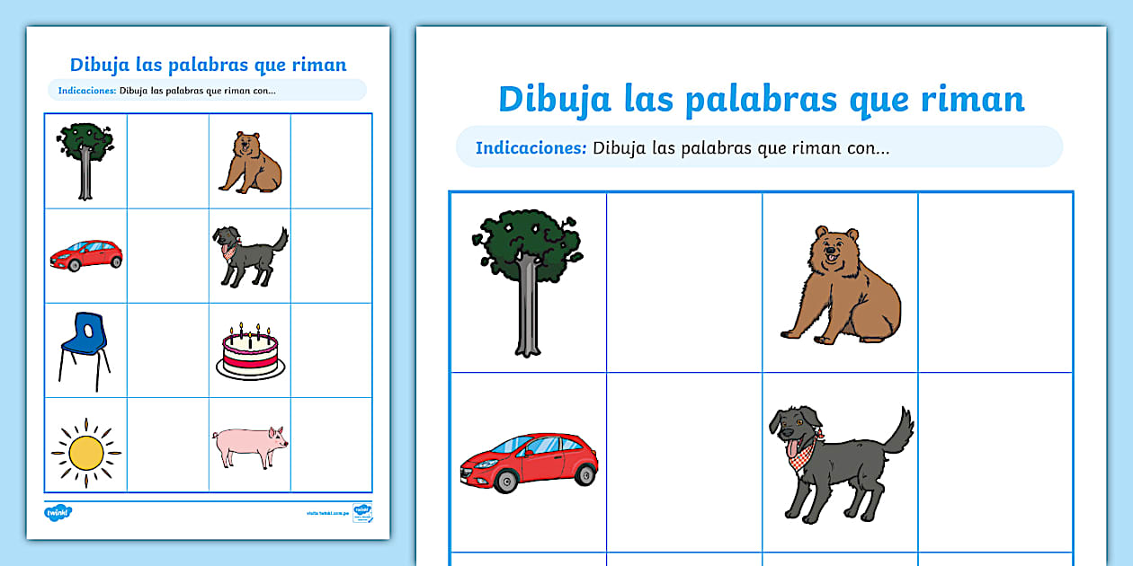 Ficha actividad: Dibuja las palabras que riman - Twinkl