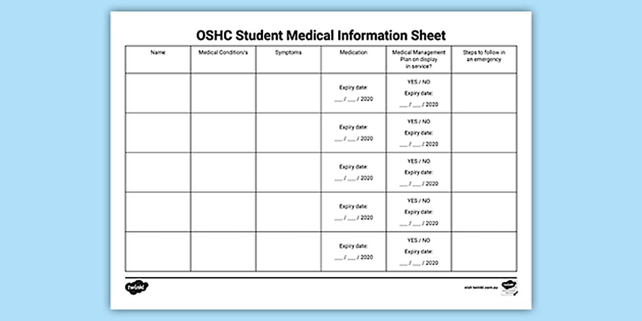 OSHC Editable Medical Information Sheet (teacher made)