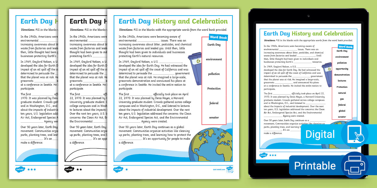 Sixth Grade Earth Day Differentiated Cloze Reading Worksheet